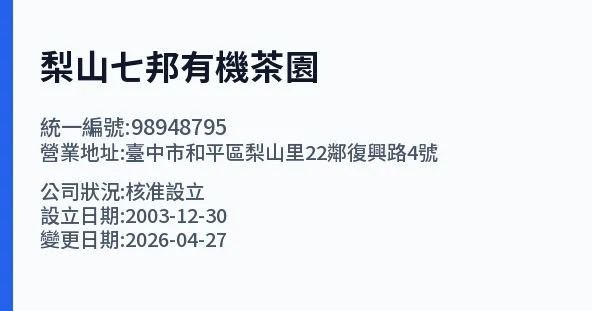梨山七邦有機茶園的照片-統編 98948795(臺中市) 公司登記資料與營業項目詳細圖表