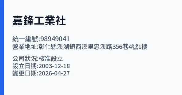 嘉鋒工業社的照片-統編 98949041(彰化縣) 公司登記資料與營業項目詳細圖表