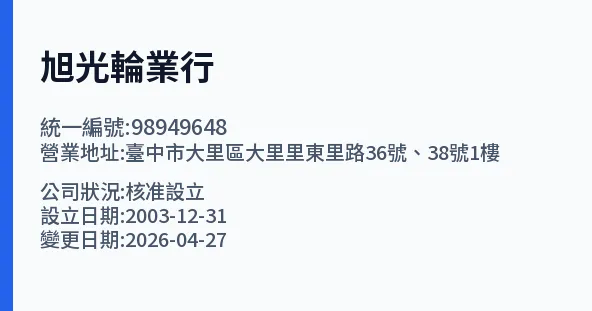旭光輪業行的照片-統編 98949648(臺中市) 公司登記資料與營業項目詳細圖表