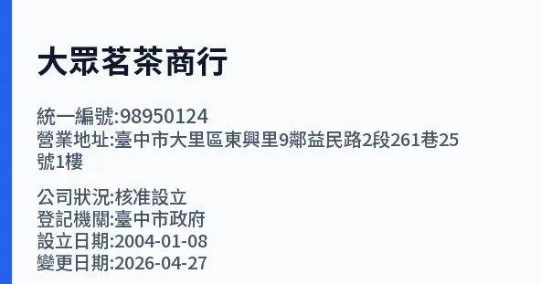 大眾茗茶商行的照片-統編 98950124(臺中市) 公司登記資料與營業項目詳細圖表