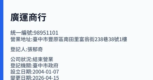 廣運商行的照片-統編 98951101(臺中市) 公司登記資料與營業項目詳細圖表