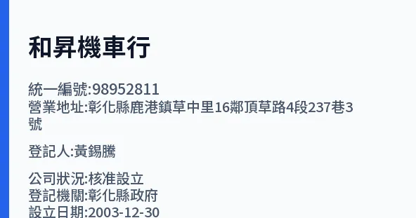 和昇機車行的照片-統編 98952811(彰化縣) 公司登記資料與營業項目詳細圖表