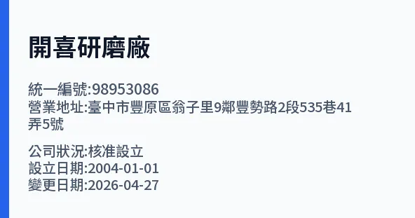 開喜研磨廠的照片-統編 98953086(臺中市) 公司登記資料與營業項目詳細圖表