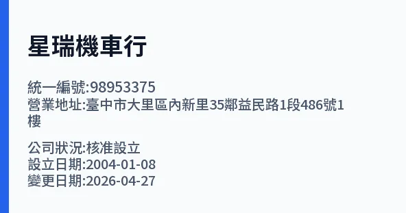 星瑞機車行的照片-統編 98953375(臺中市) 公司登記資料與營業項目詳細圖表