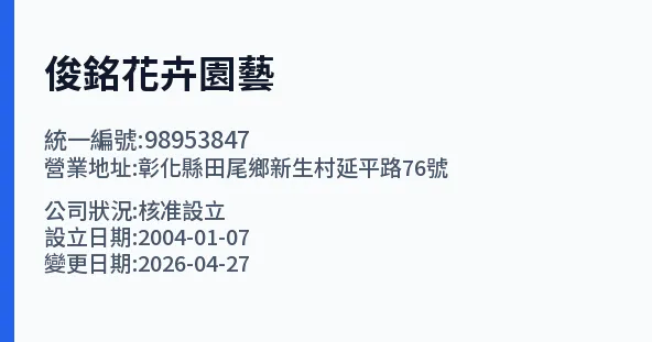 俊銘花卉園藝的照片-統編 98953847(彰化縣) 公司登記資料與營業項目詳細圖表