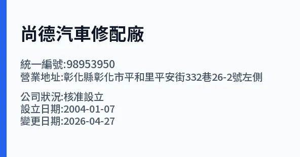 尚德汽車修配廠的照片-統編 98953950(彰化縣) 公司登記資料與營業項目詳細圖表