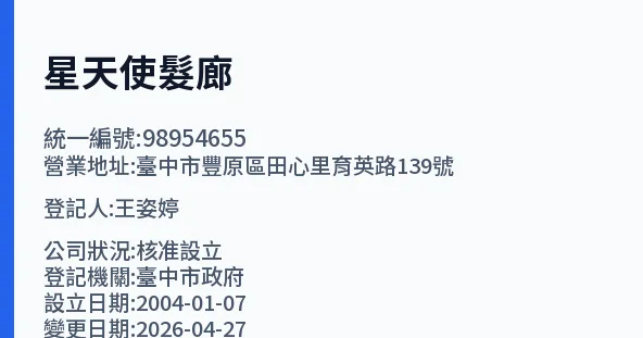 星天使髮廊的照片-統編 98954655(臺中市) 公司登記資料與營業項目詳細圖表