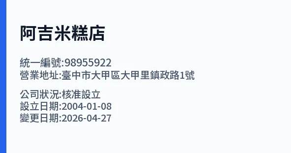 阿吉米糕店的照片-統編 98955922(臺中市) 公司登記資料與營業項目詳細圖表