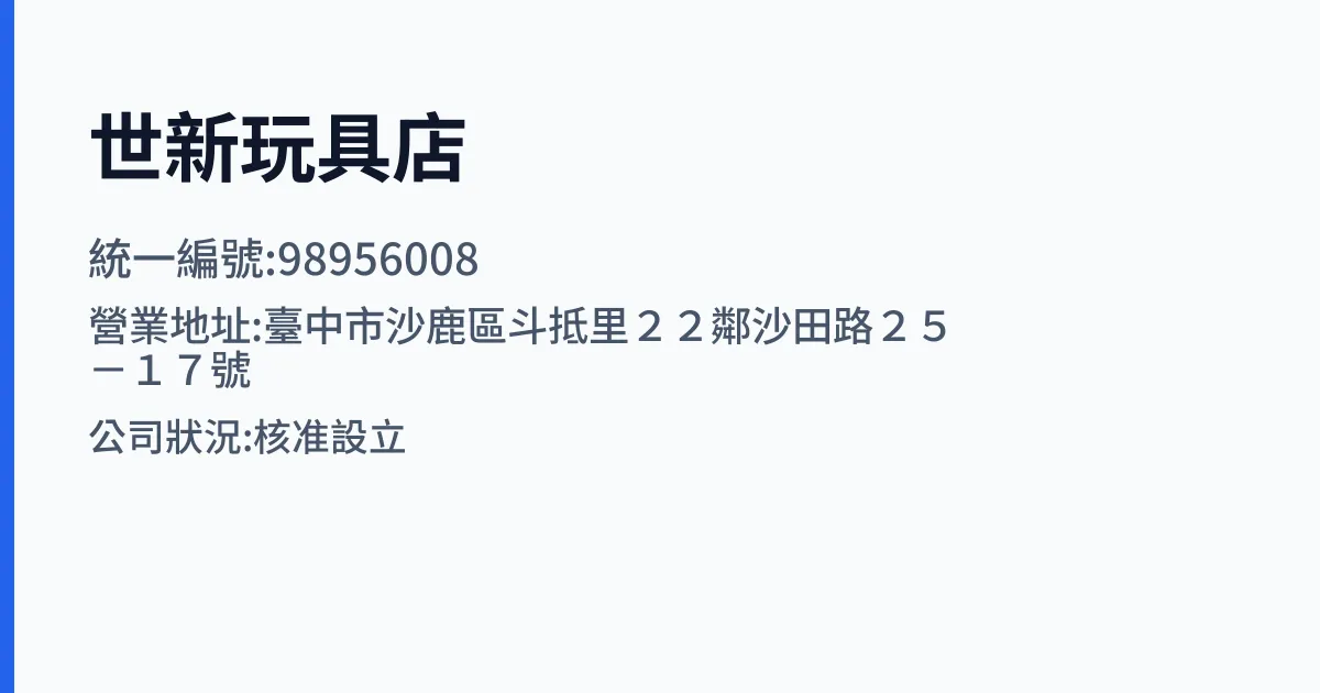 世新玩具店 - 統編 98956008(臺中市) 公司登記資料與營業項目詳細圖表