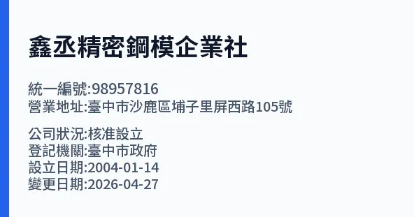 鑫丞精密鋼模企業社的照片-統編 98957816(臺中市) 公司登記資料與營業項目詳細圖表