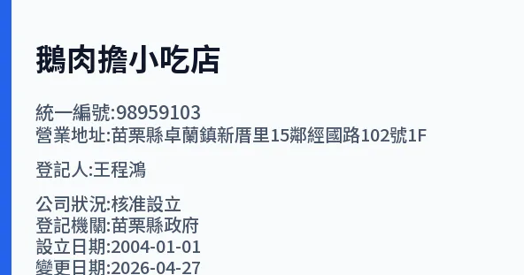 鵝肉擔小吃店的照片-統編 98959103(苗栗縣) 公司登記資料與營業項目詳細圖表
