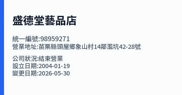 盛德堂藝品店的照片-統編 98959271(苗栗縣) 公司登記資料與營業項目詳細圖表