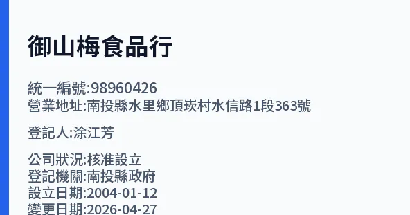 御山梅食品行的照片-統編 98960426(南投縣) 公司登記資料與營業項目詳細圖表