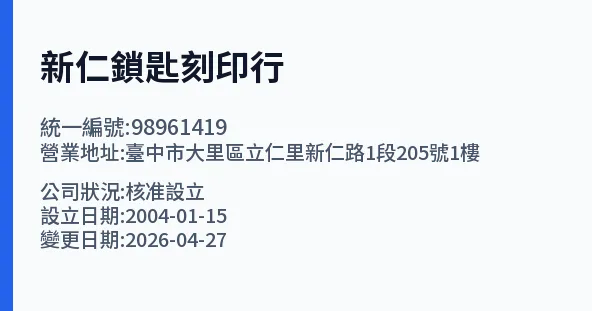 新仁鎖匙刻印行的照片-統編 98961419(臺中市) 公司登記資料與營業項目詳細圖表
