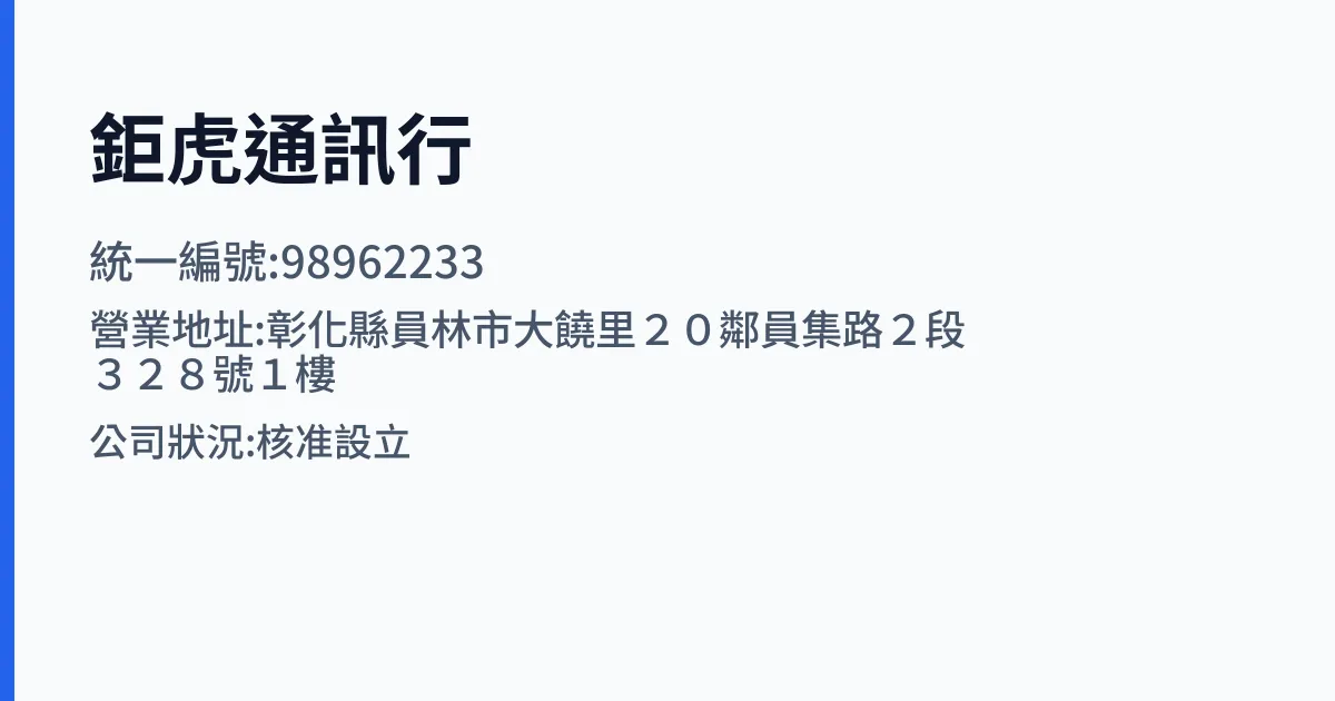 鉅虎通訊行 - 統編 98962233(彰化縣) 公司登記資料與營業項目詳細圖表