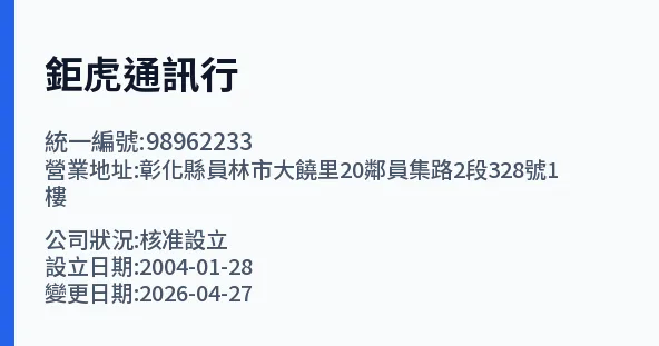 鉅虎通訊行的照片-統編 98962233(彰化縣) 公司登記資料與營業項目詳細圖表