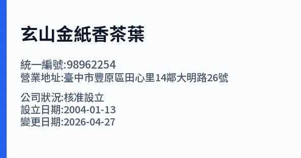 玄山金紙香茶葉的照片-統編 98962254(臺中市) 公司登記資料與營業項目詳細圖表