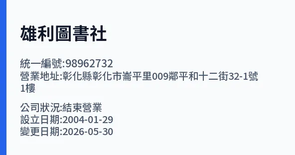 雄利圖書社的照片-統編 98962732(彰化縣) 公司登記資料與營業項目詳細圖表