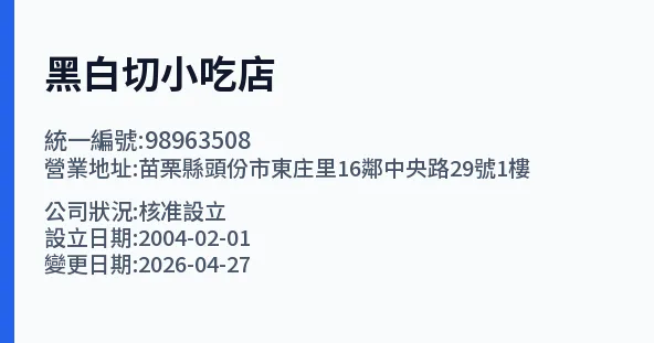 黑白切小吃店的照片-統編 98963508(苗栗縣) 公司登記資料與營業項目詳細圖表