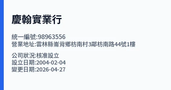慶翰實業行的照片-統編 98963556(雲林縣) 公司登記資料與營業項目詳細圖表