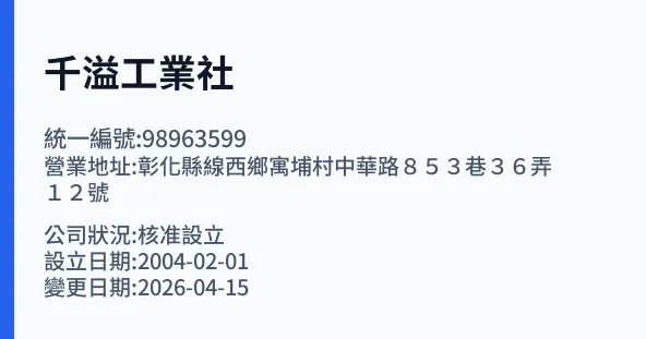 千溢工業社的照片-統編 98963599(彰化縣) 公司登記資料與營業項目詳細圖表