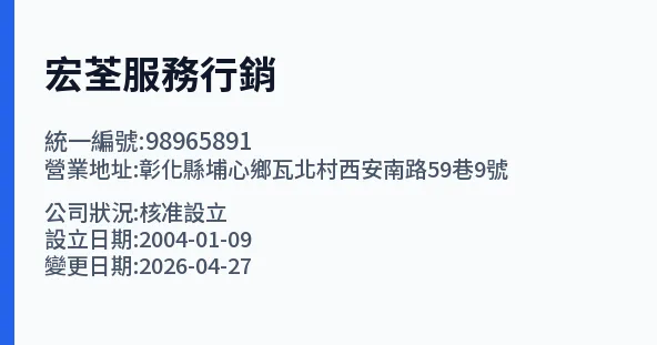 宏荃服務行銷的照片-統編 98965891(彰化縣) 公司登記資料與營業項目詳細圖表