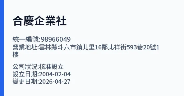 合慶企業社的照片-統編 98966049(雲林縣) 公司登記資料與營業項目詳細圖表