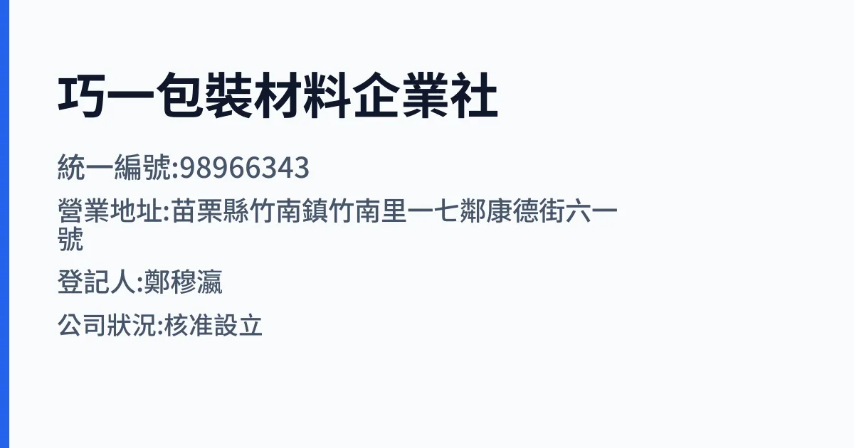 巧一包裝材料企業社 - 統編 98966343(苗栗縣) 公司登記資料與營業項目詳細圖表