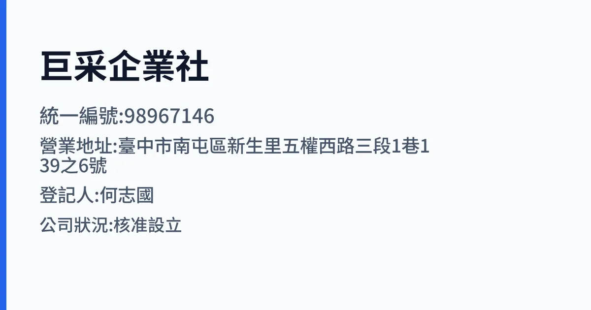 巨采企業社 - 統編 98967146(臺中市) 公司登記資料與營業項目詳細圖表