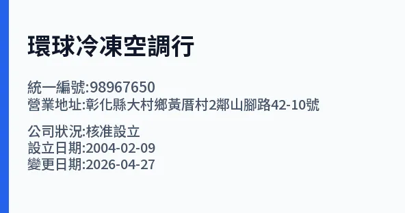 環球冷凍空調行的照片-統編 98967650(彰化縣) 公司登記資料與營業項目詳細圖表