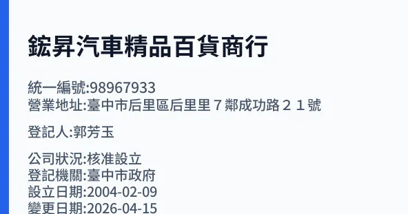 鋐昇汽車精品百貨商行的照片-統編 98967933(臺中市) 公司登記資料與營業項目詳細圖表