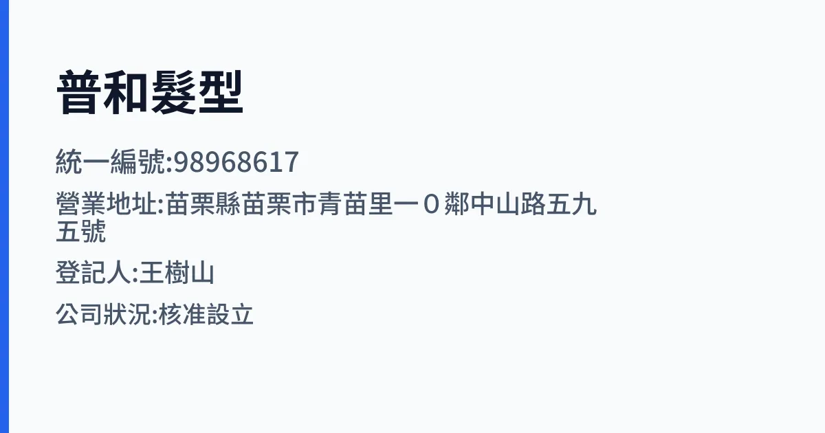 普和髮型 - 統編 98968617(苗栗縣) 公司登記資料與營業項目詳細圖表