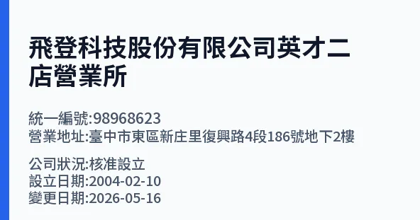 飛登科技股份有限公司英才二店營業所的照片-統編 98968623(臺中市) 公司登記資料與營業項目詳細圖表