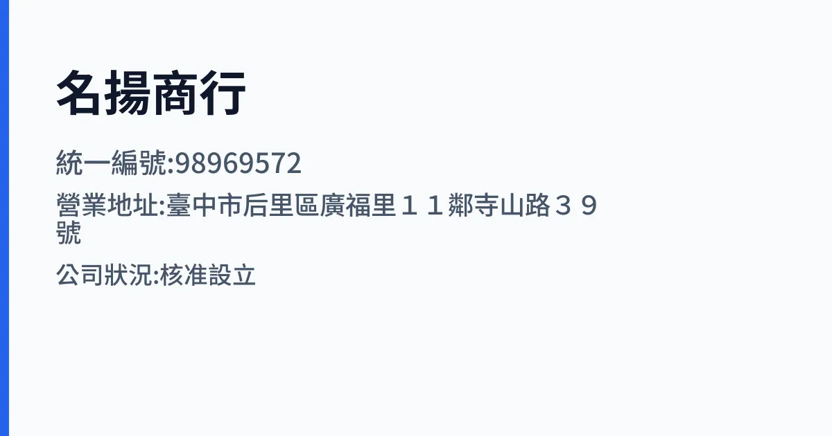 名揚商行 - 統編 98969572(臺中市) 公司登記資料與營業項目詳細圖表