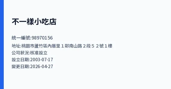 不一樣小吃店的照片-統編 98970156(桃園市) 公司登記資料與營業項目詳細圖表