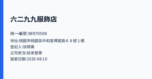 六二九九服飾店的照片-統編 98970509(桃園市) 公司登記資料與營業項目詳細圖表
