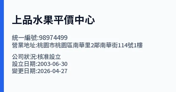 上品水果平價中心的照片-統編 98974499(桃園市) 公司登記資料與營業項目詳細圖表