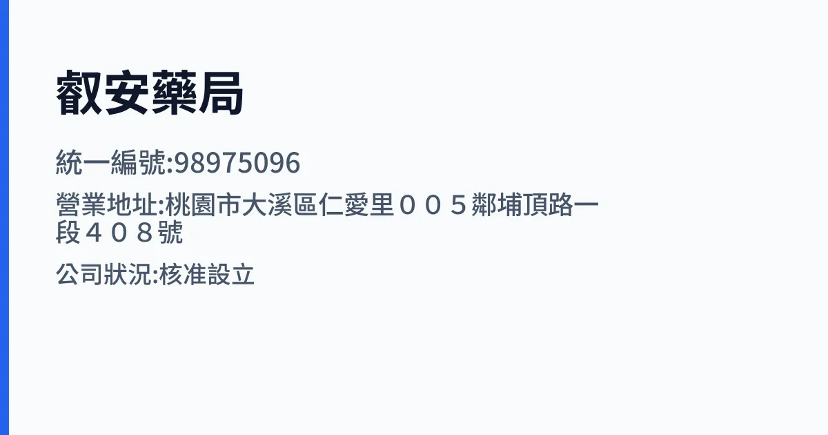 叡安藥局 - 統編 98975096(桃園市) 公司登記資料與營業項目詳細圖表