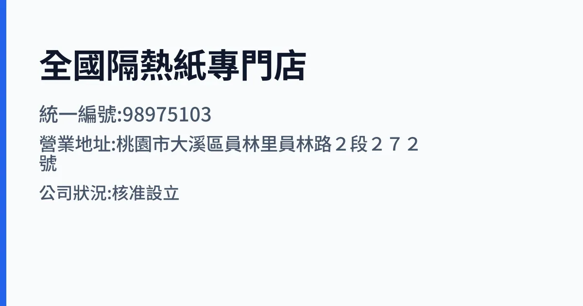 全國隔熱紙專門店 - 統編 98975103(桃園市) 公司登記資料與營業項目詳細圖表