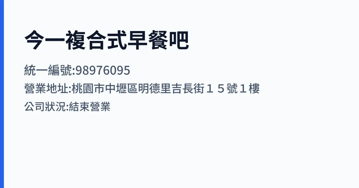 今一複合式早餐吧 - 統編 98976095(桃園市) 公司登記資料與營業項目詳細圖表