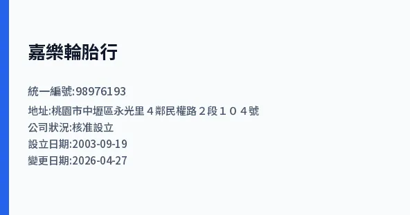 嘉樂輪胎行的照片-統編 98976193(桃園市) 公司登記資料與營業項目詳細圖表
