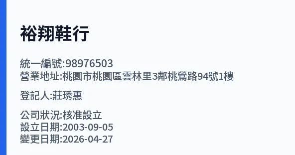裕翔鞋行的照片-統編 98976503(桃園市) 公司登記資料與營業項目詳細圖表