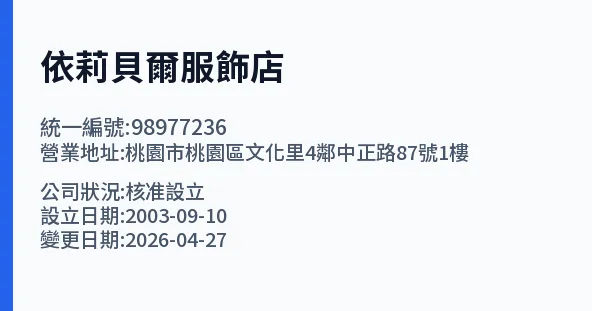依莉貝爾服飾店的照片-統編 98977236(桃園市) 公司登記資料與營業項目詳細圖表