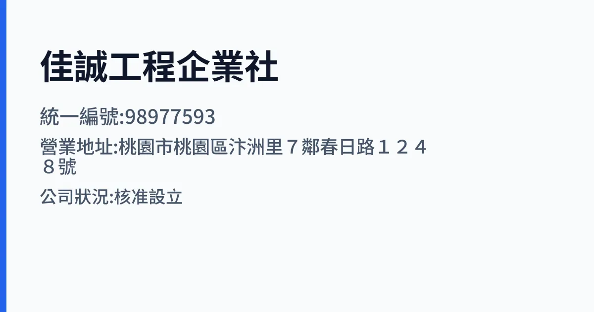 佳誠工程企業社 - 統編 98977593(桃園市) 公司登記資料與營業項目詳細圖表
