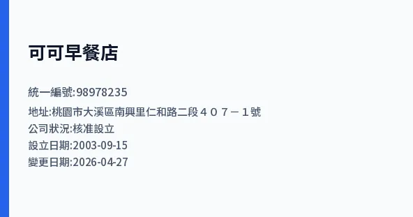 可可早餐店的照片-統編 98978235(桃園市) 公司登記資料與營業項目詳細圖表