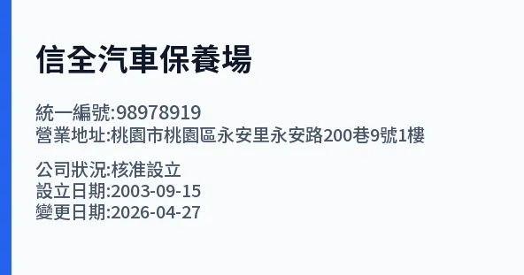 信全汽車保養場的照片-統編 98978919(桃園市) 公司登記資料與營業項目詳細圖表