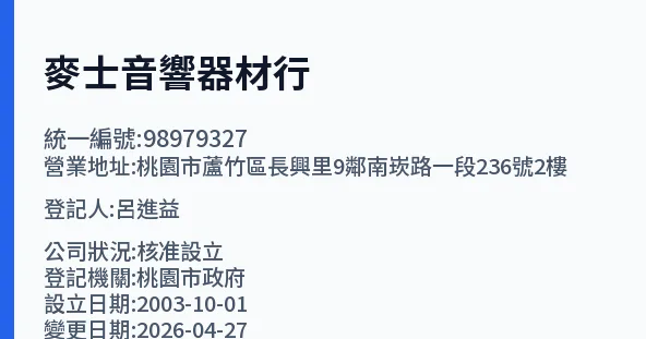 麥士音響器材行的照片-統編 98979327(桃園市) 公司登記資料與營業項目詳細圖表