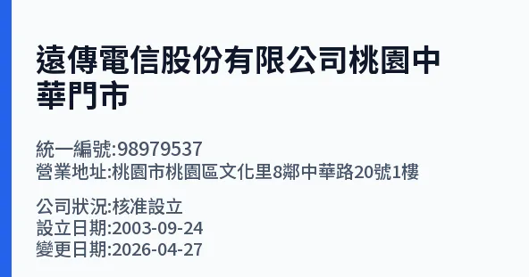 遠傳電信股份有限公司桃園中華門市的照片-統編 98979537(桃園市) 公司登記資料與營業項目詳細圖表