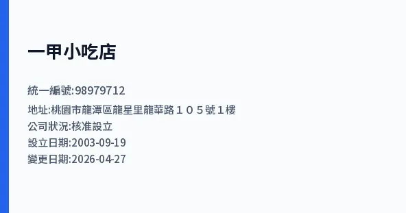 一甲小吃店的照片-統編 98979712(桃園市) 公司登記資料與營業項目詳細圖表