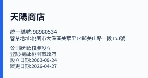 天陽商店的照片-統編 98980534(桃園市) 公司登記資料與營業項目詳細圖表